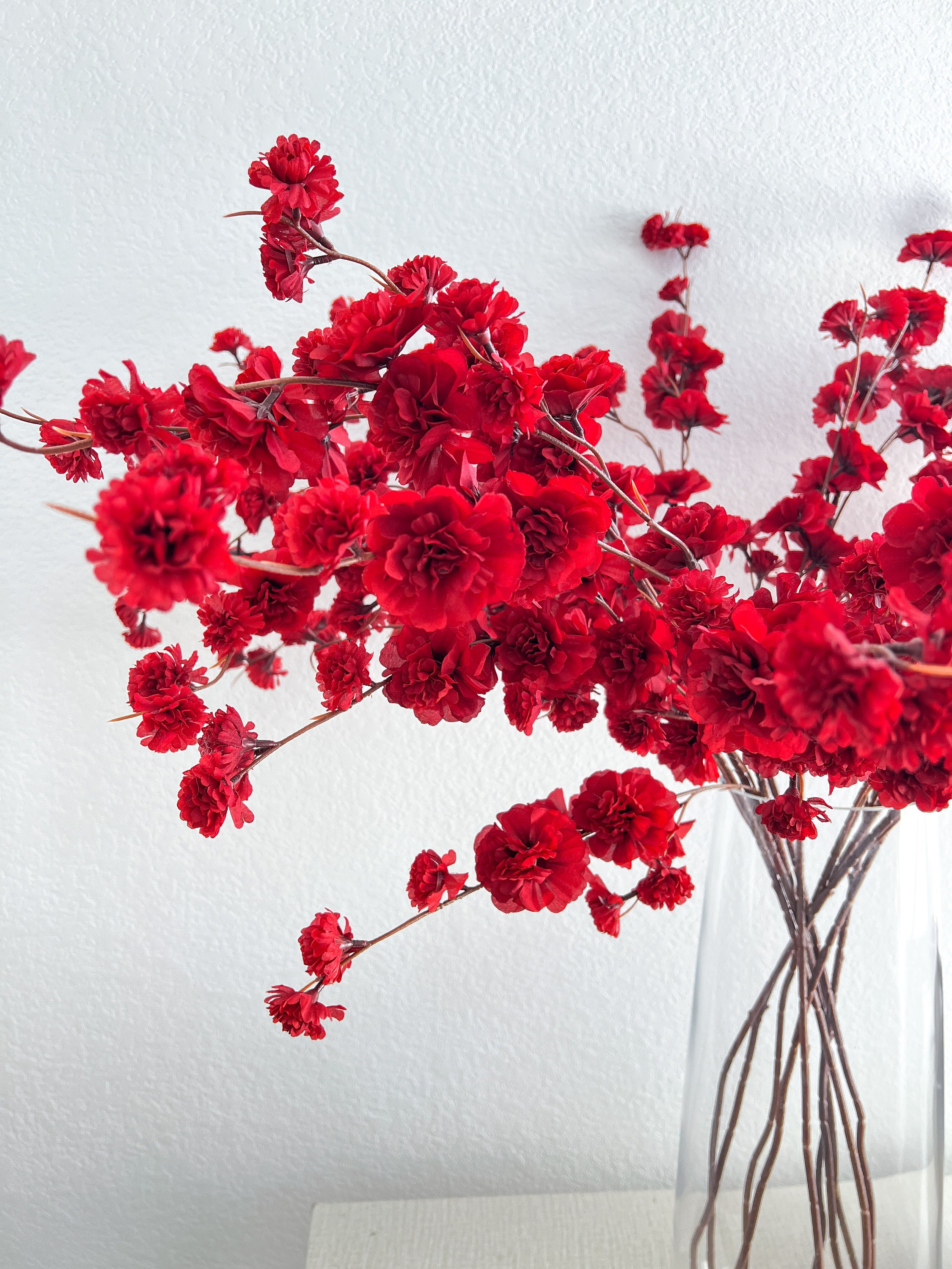 Faux Red Silk Cherry Blossom Stem (pack of 3 Stems), Artificial Cherry ...