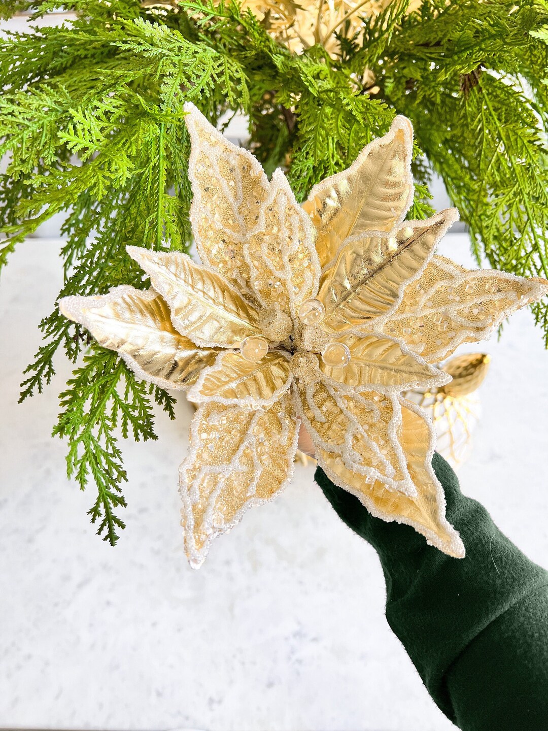 Gold Jeweled Poinsettia Spray Stem, Gold Christmas Poinsettia Stem ...