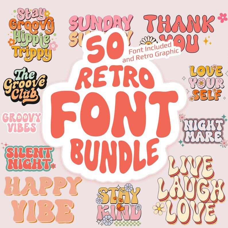 50 Retro Groovy Font Bundle, Groovy Fonts, Vintage Font, Retro Font ...
