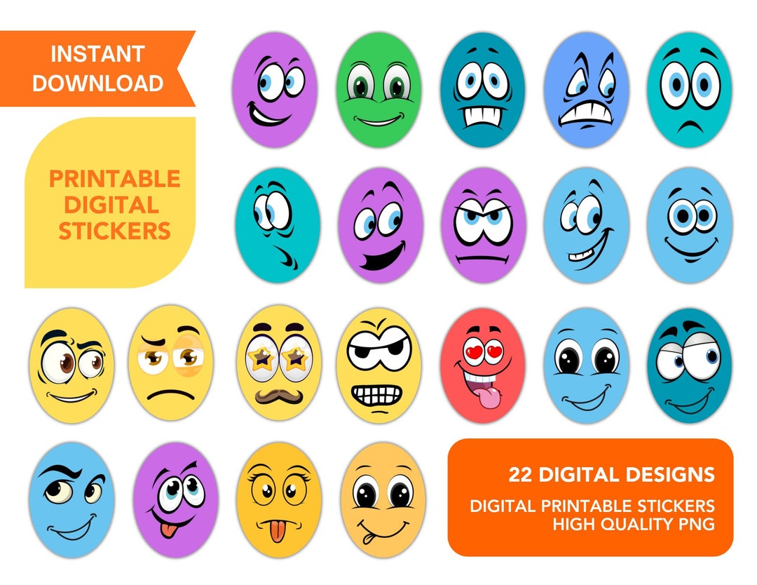 Emoji Stickers PNG Bundle, Digital Print Stickers Pack PNG, 22 DIGITAL ...