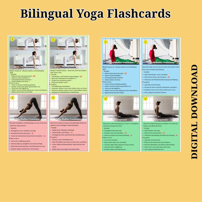 24 Yoga Pose Cards – Printable Flashcards in German & English ...