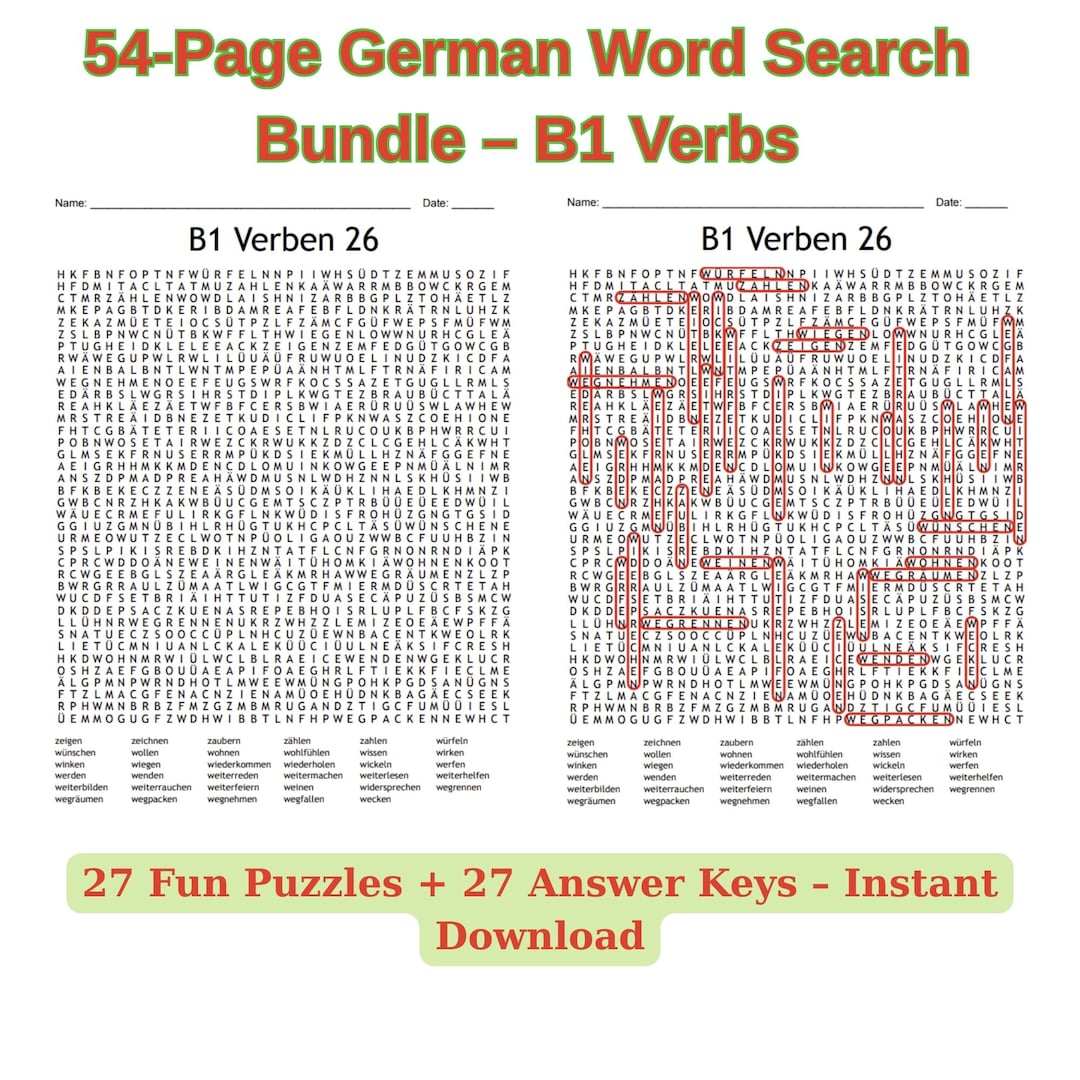German Verb Word Search B1 – 54 Pages PDF | 27 Puzzles + Solutions ...