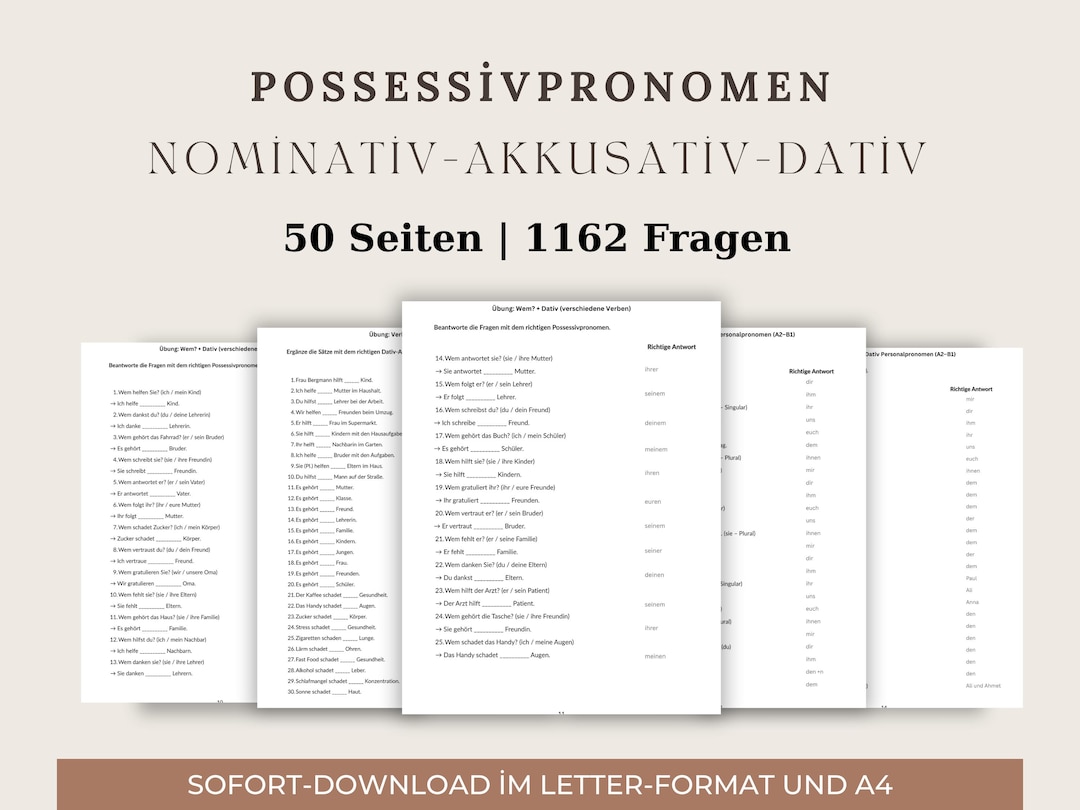 Possessive Pronouns Exercises Nominative Accusative Dative German A1–B1 ...