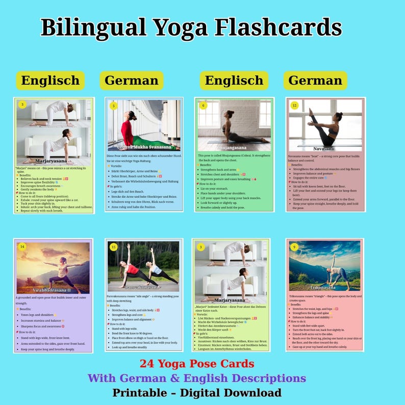 24 Yoga Pose Cards – Printable Flashcards in German & English ...