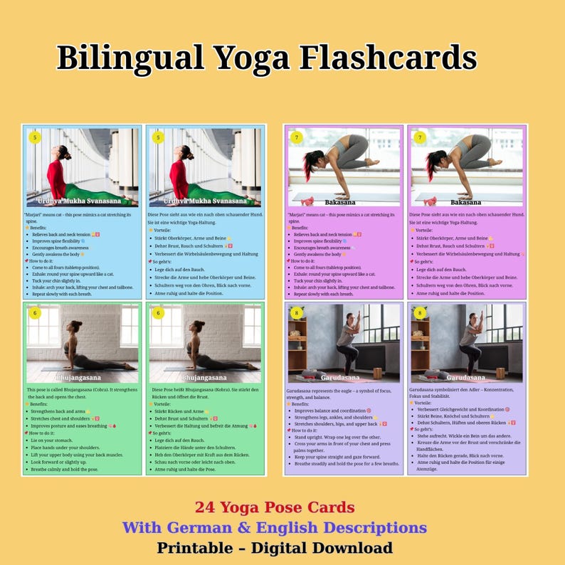 24 Yoga Pose Cards – Printable Flashcards in German & English ...