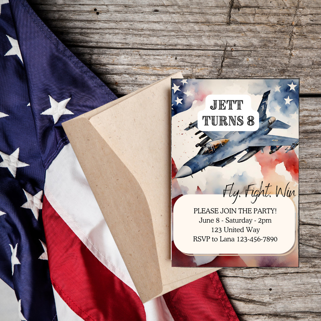 Military Birthday Invitation, US Airforce, Fighter Jet, American Flag ...