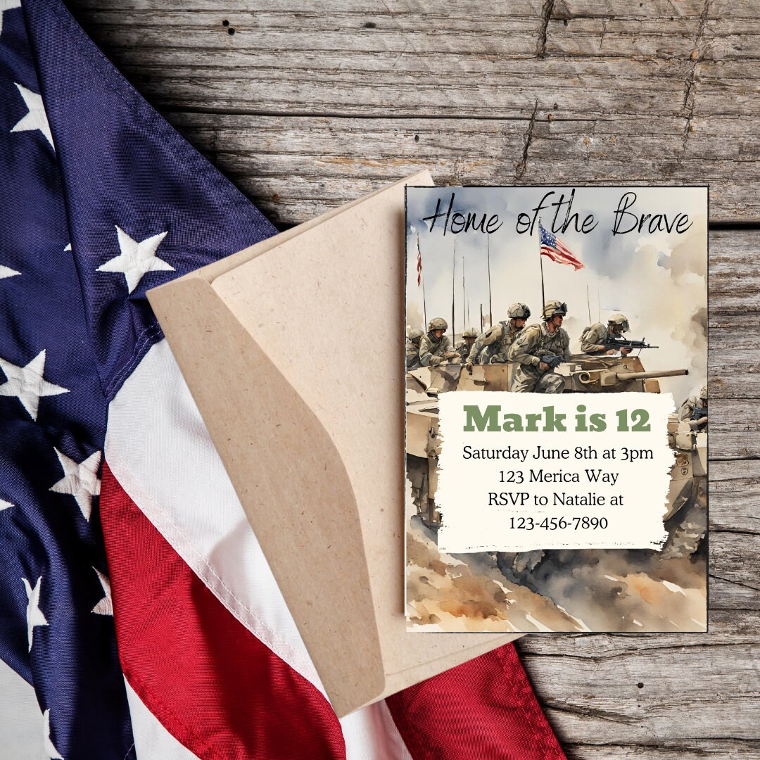 Military Birthday Invitation, Army Tank With Army Men, Navy, Marines ...
