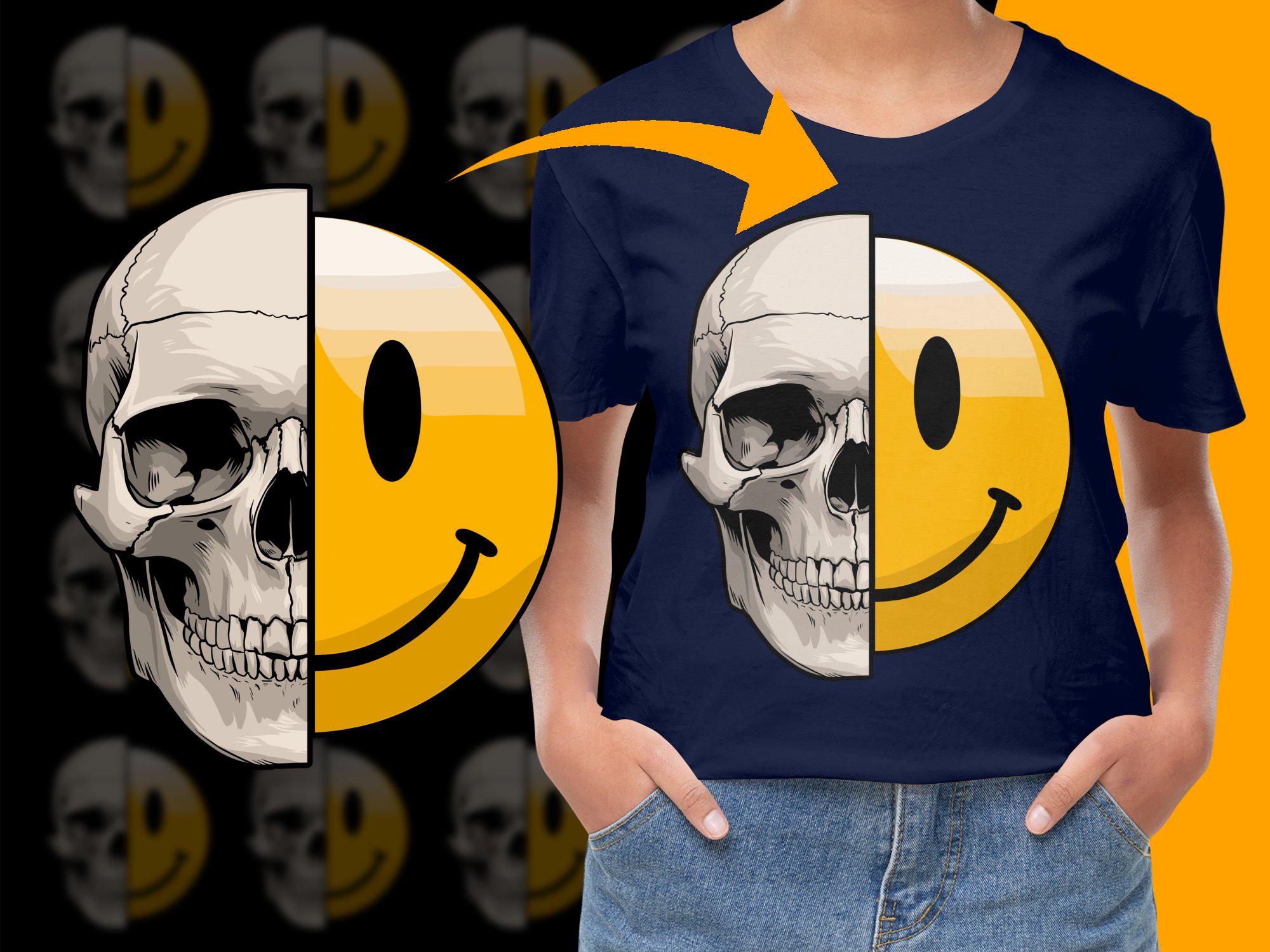 Half Skull Half Smiley Face PNG, Digital Art, Skull Wall Decor, Smiley ...
