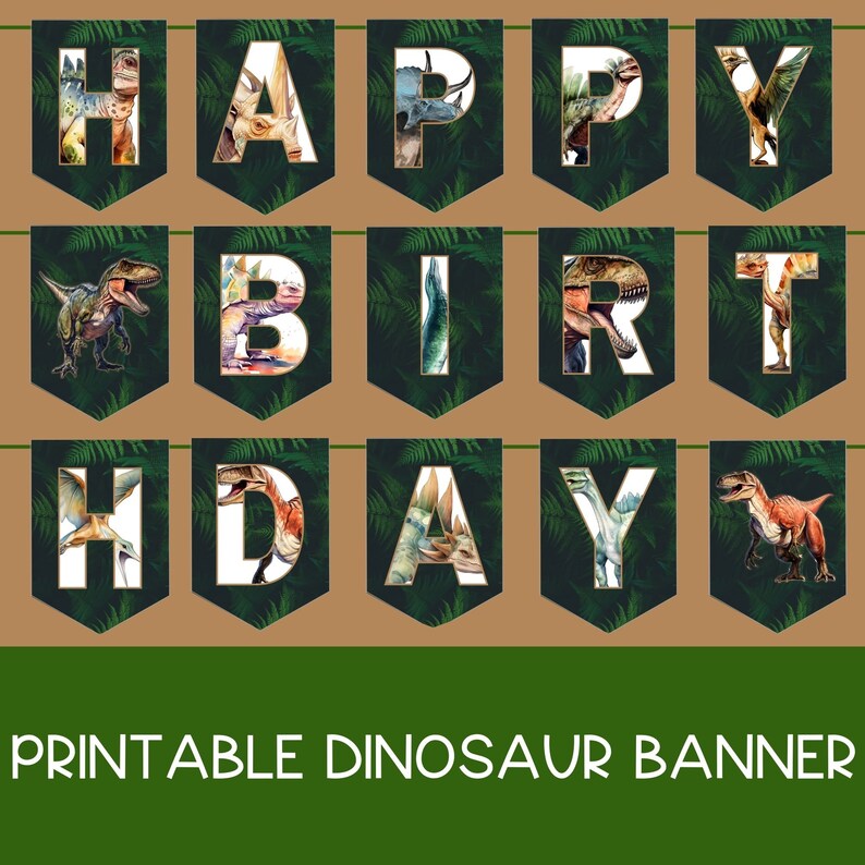 Printable Dinosaur Happy Birthday Banner, Trex Raptor Flags, Instant ...