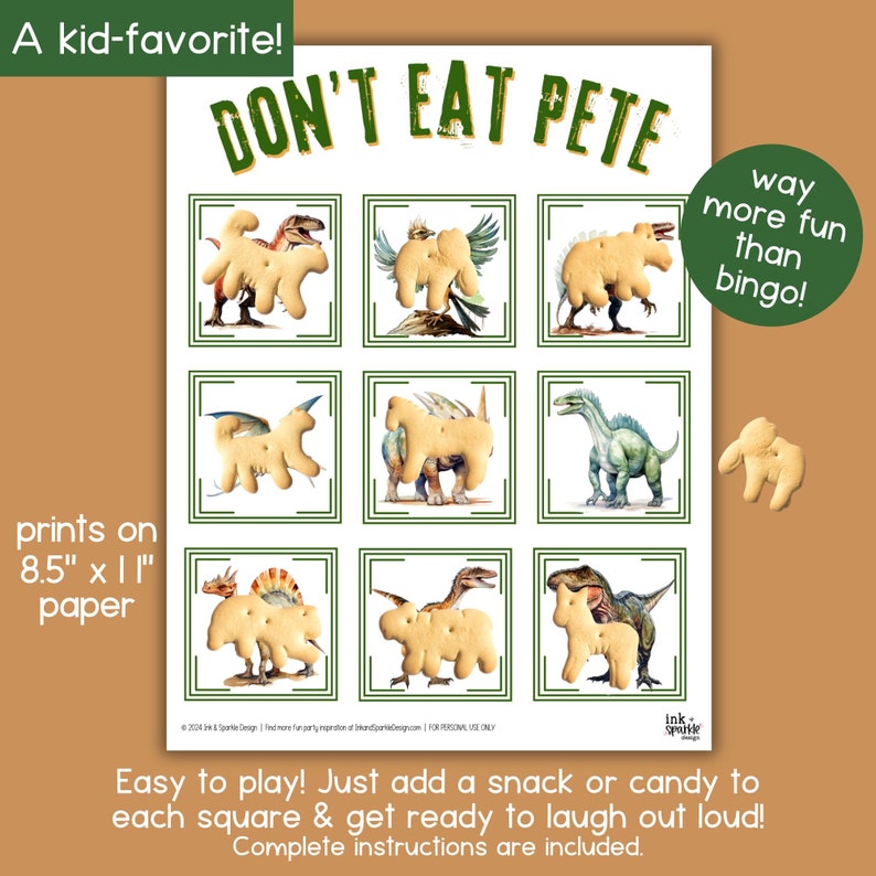 Dinosaur Don't Eat Pete Printable Birthday Party Game, Fun Fast Play ...