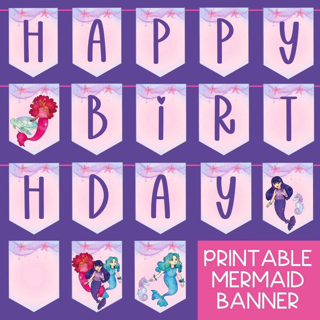 Printable Mermaid Birthday Banner, Under the Sea Bunting, Multicultural ...
