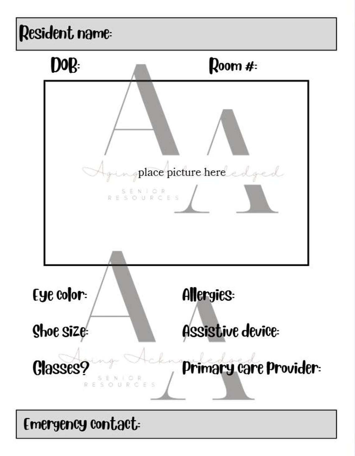 Emergency Resident Identification Binder, Cover Sheet, Resident ...