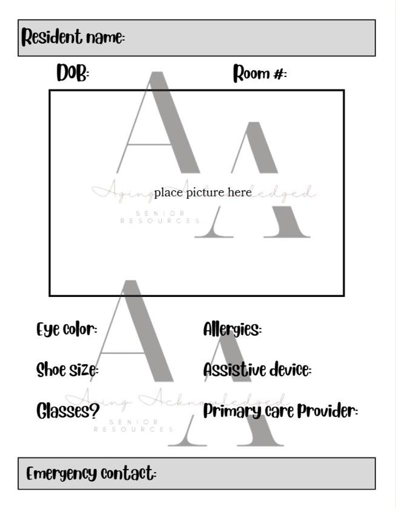 Emergency Resident Identification Binder, Cover Sheet, Resident ...