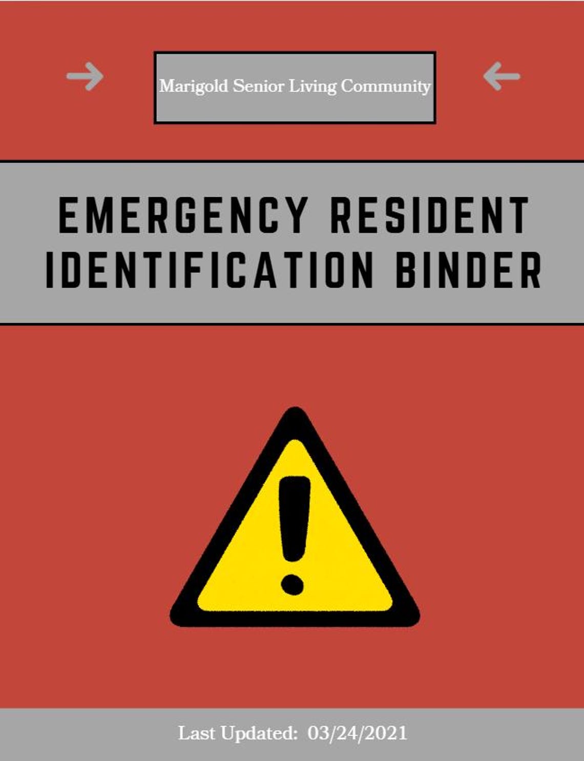 Emergency Resident Identification Binder, Cover Sheet, Resident ...