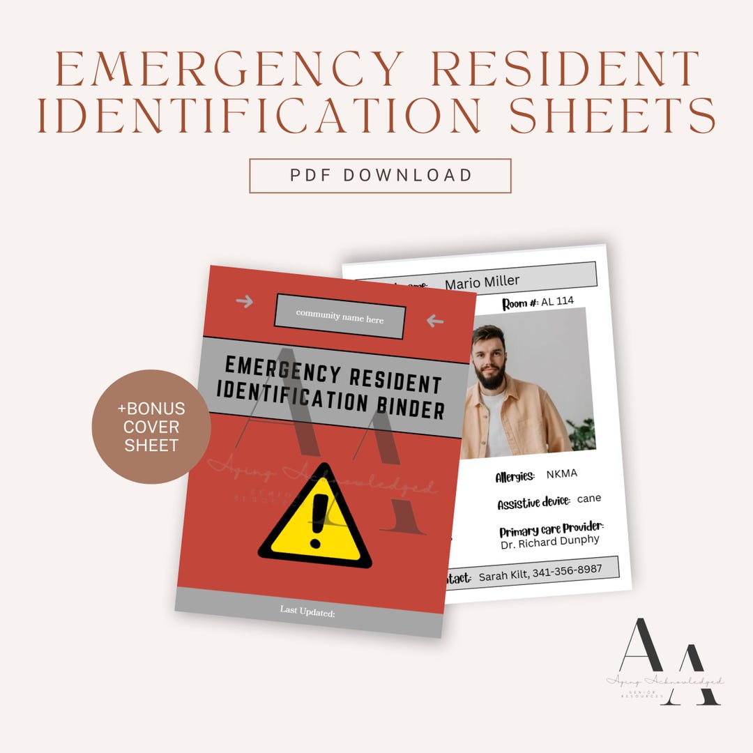 Emergency Resident Identification Binder, Cover Sheet, Resident ...