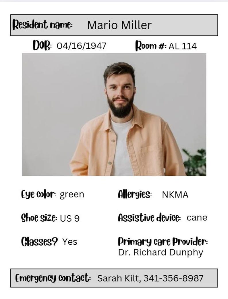 Emergency Resident Identification Binder, Cover Sheet, Resident ...