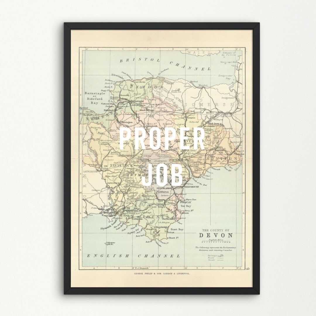 Vintage Devon Map - Proper Job - Devon Art Print, Vintage Devon Poster ...