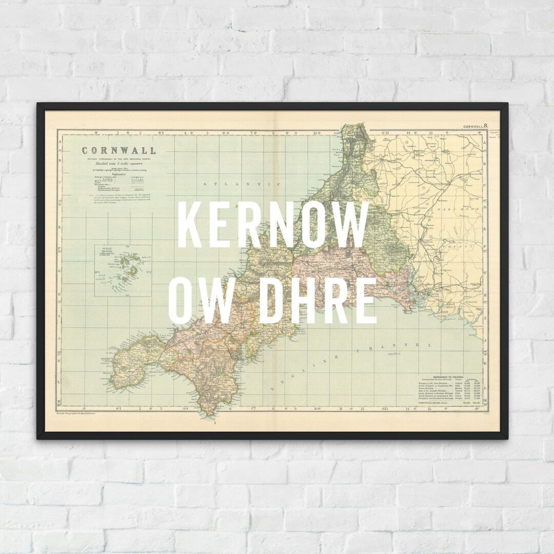Vintage Cornwall Map - Kernow Ow Dhre - Cornwall Art Print, Vintage ...