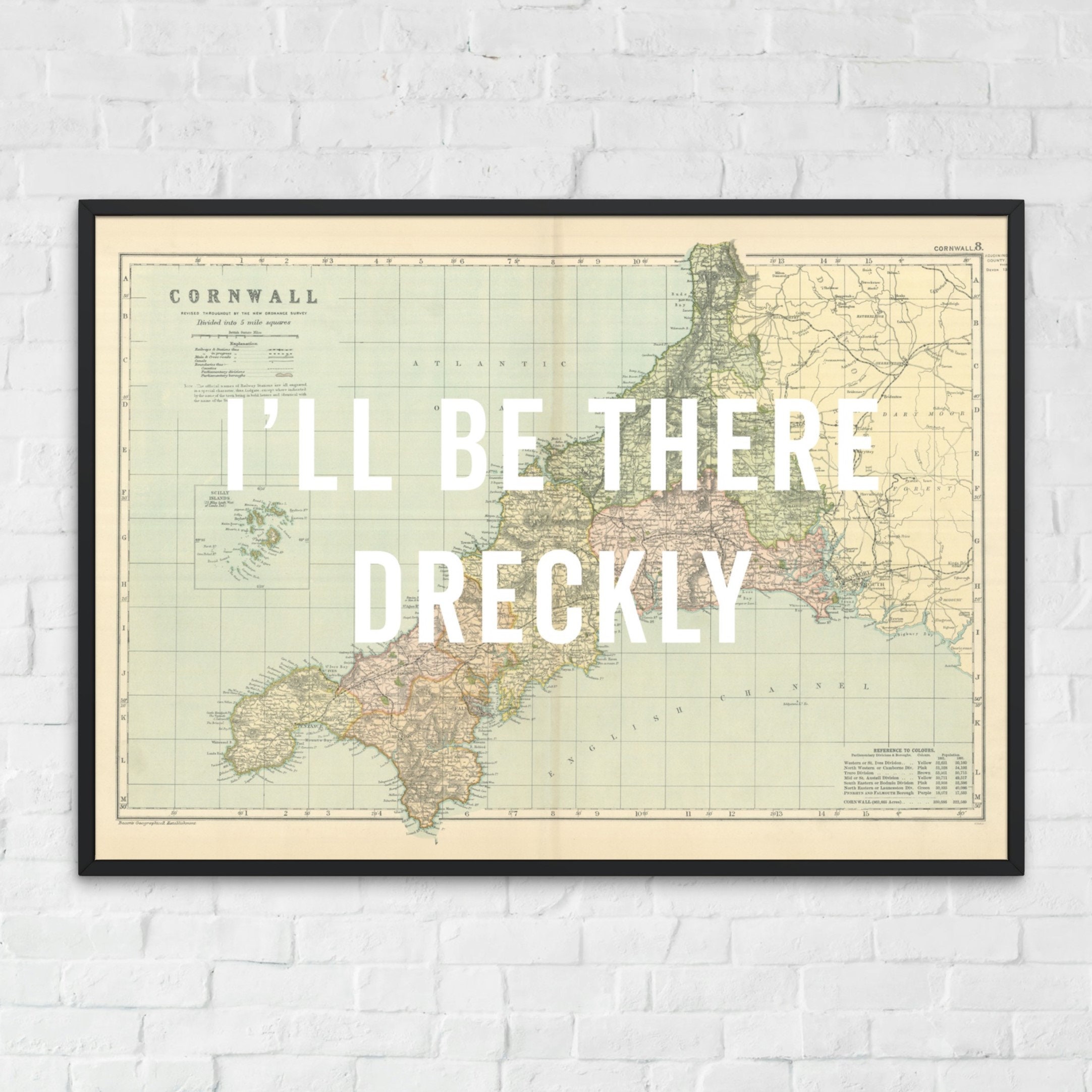 Vintage Cornwall Map - I'll Be There Dreckly - Cornwall Art Print ...