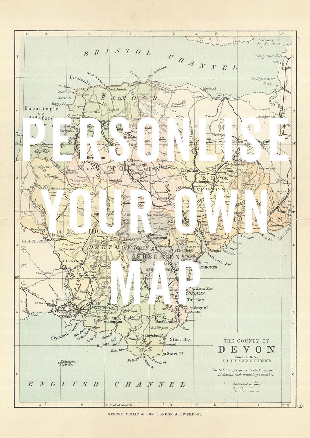 Personalise With Your Own Text - Vintage Devon Map - Devon Art Print ...