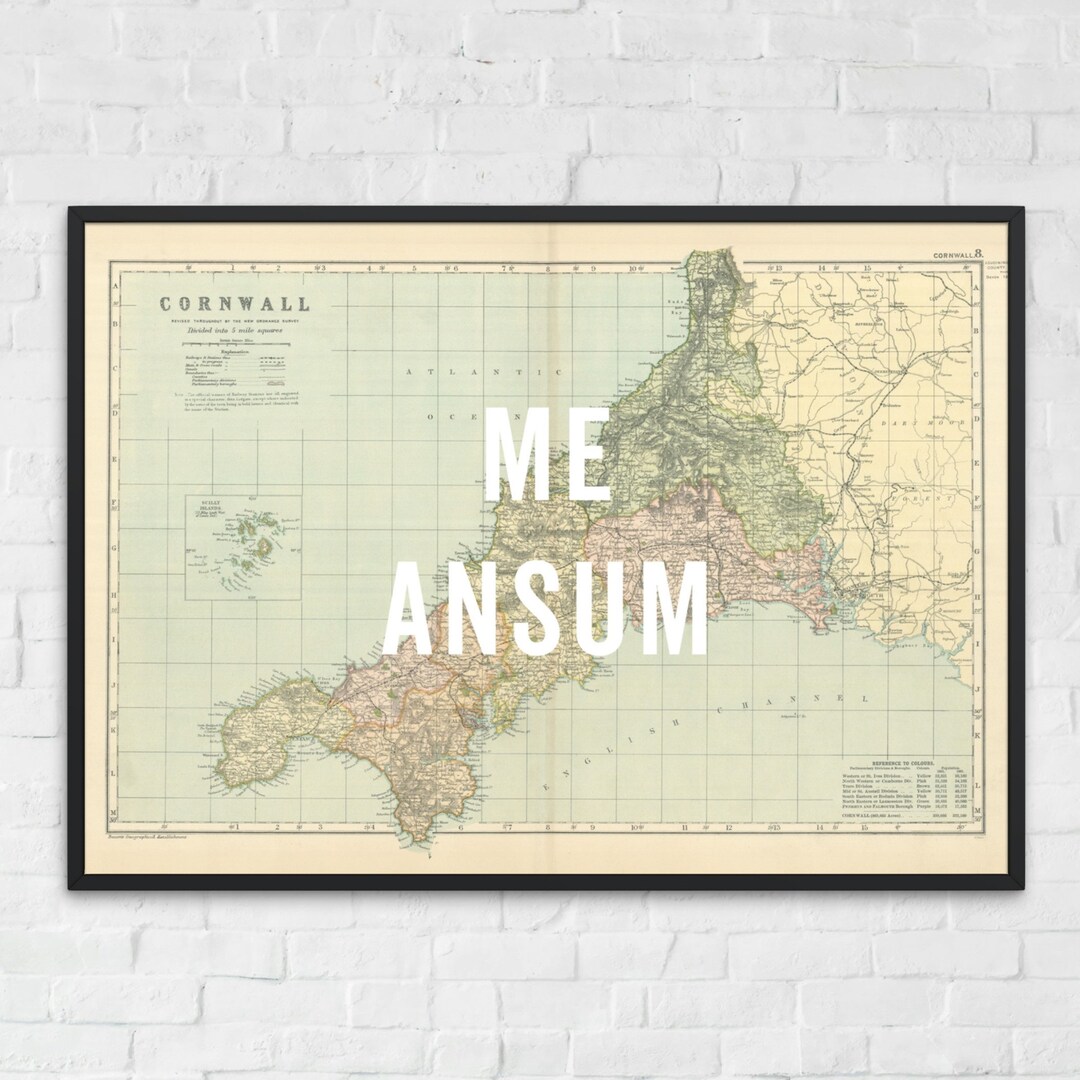 Vintage Cornwall Map - 'me Ansum' - Cornwall Art Print, Vintage ...