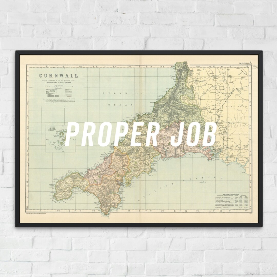 Vintage Cornwall Map Proper Job Cornwall Art Print, Vintage Cornwall ...