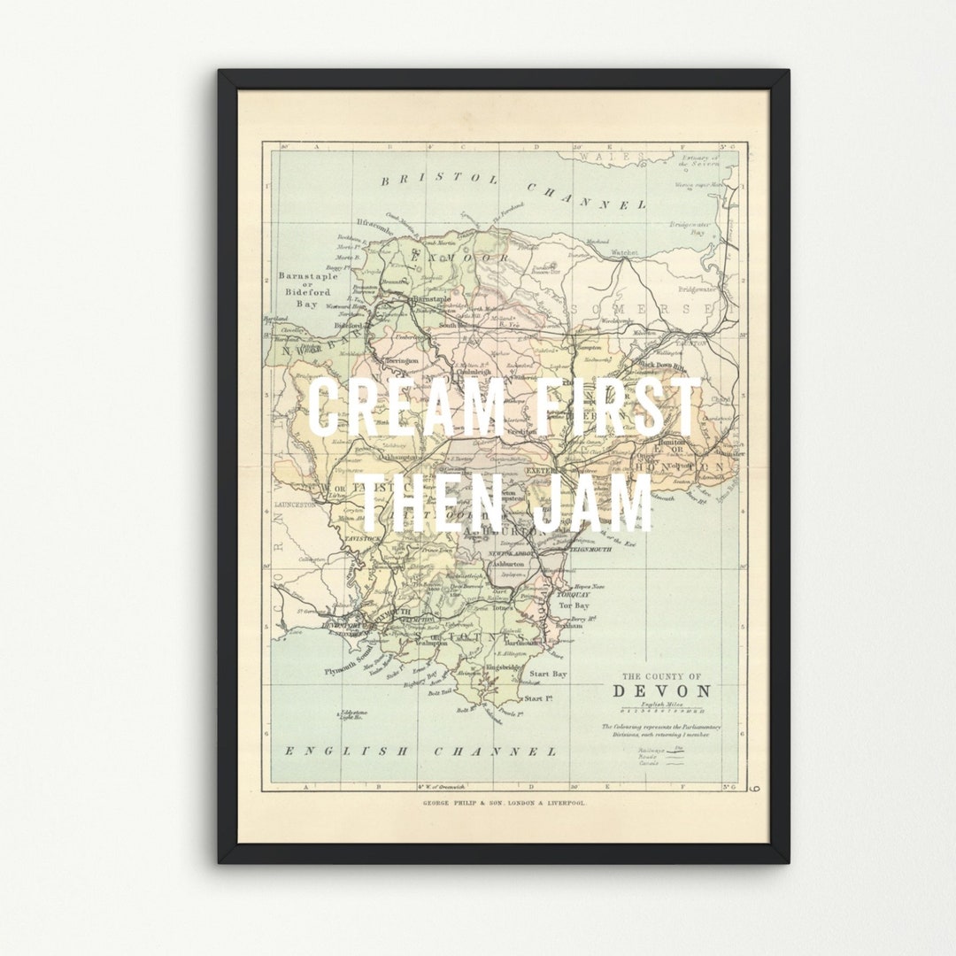 Vintage Devon Map - Cream First, Then Jam - Devon Art Print, Vintage ...