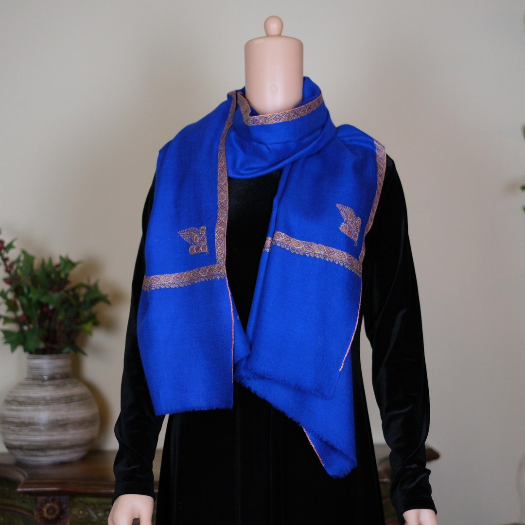 Azure-blue Hand Embroidered Hashi Dar Pashmina Wrap, Anniversary Gift ...
