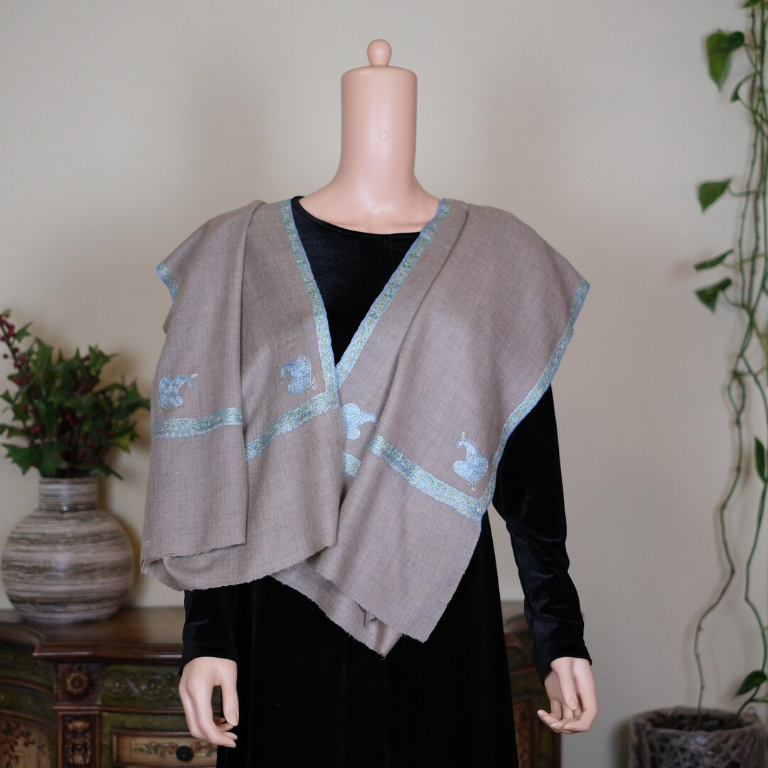 Ashley-grey Hand Embroidered Hashi Dar Pashmina Wrap, Anniversary Gift ...