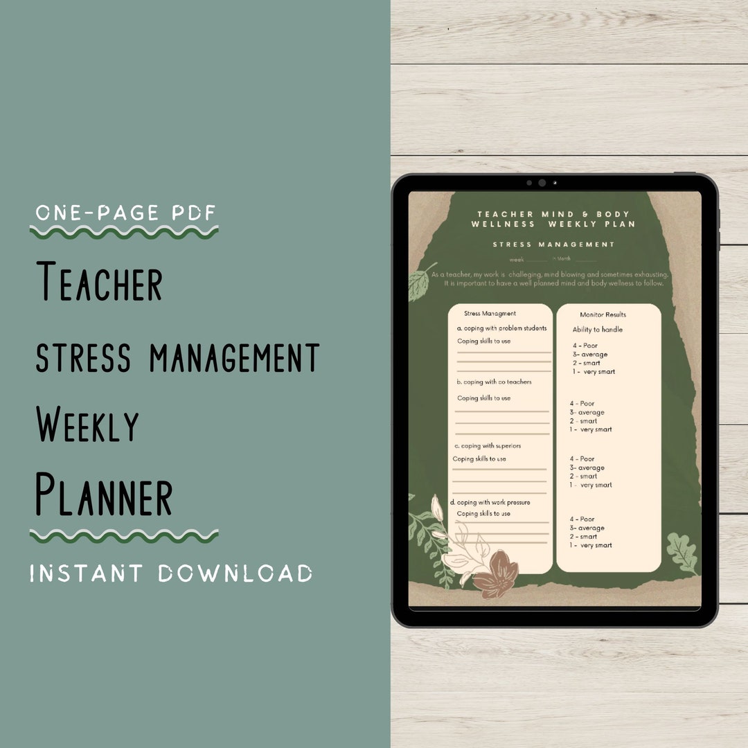 Teacher Stress Management Tracker, One-page, Weekly Planner, Printable ...