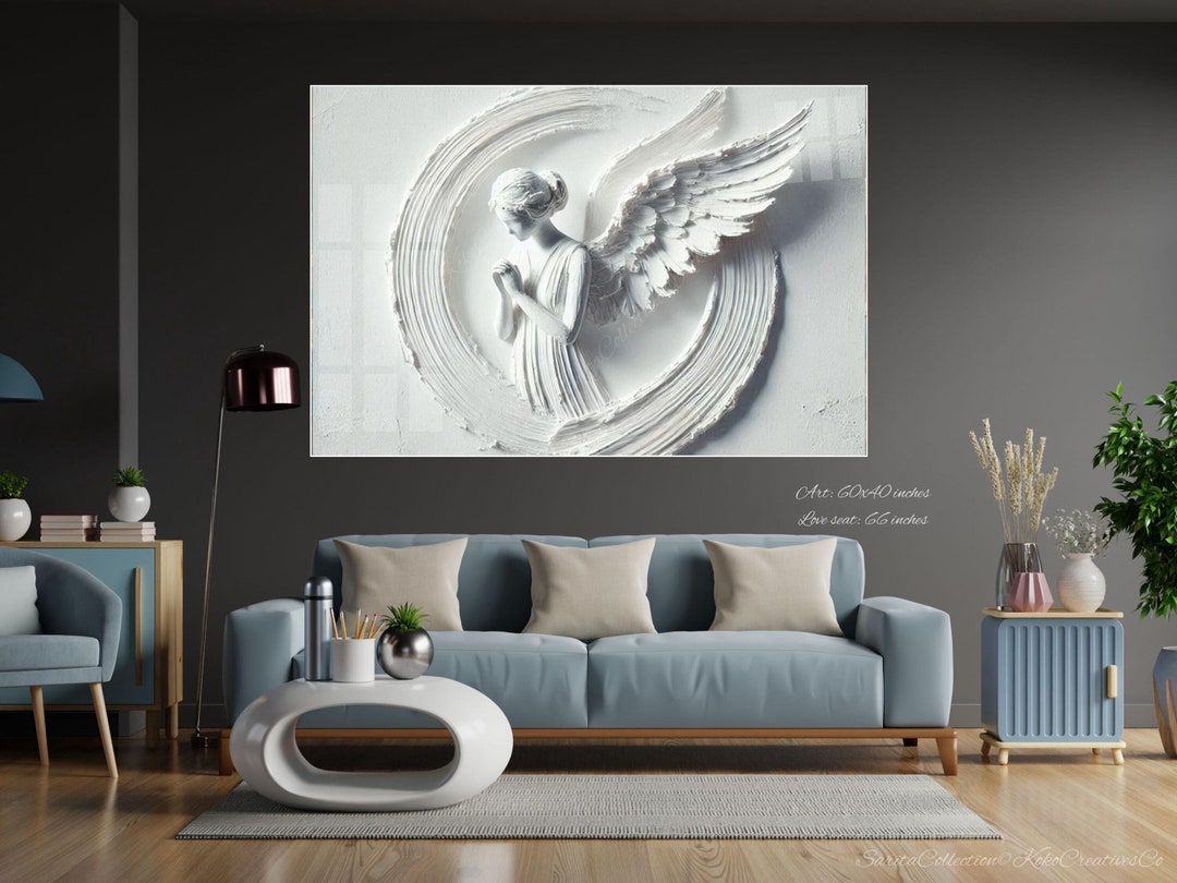 Winged Angel, Simple Minimalist White 3D Wall Art Mural, Glass Canvas ...