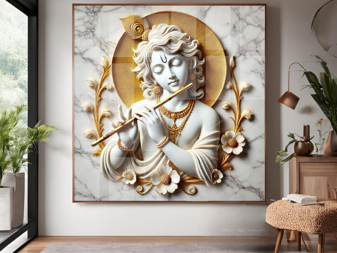 Exquisite Young Krishna Bal Gopal 3D Painting White Gold Marble Stone ...