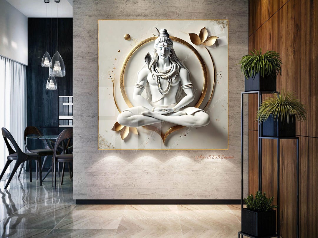 Shiva Statue White, Dhyana Mudra Abstract 3D Art, Glass Canvas Framed ...