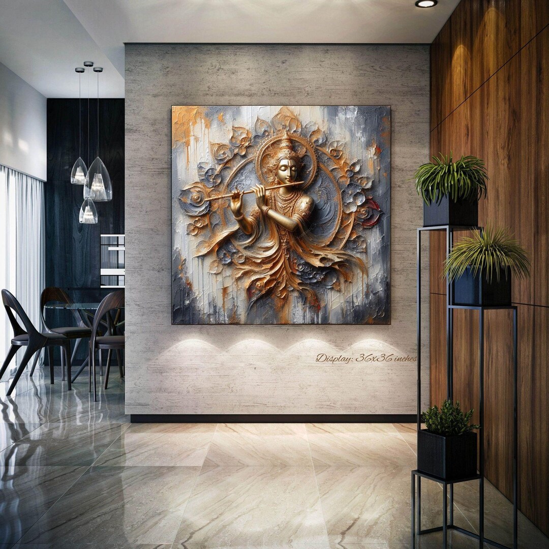 Indian Spiritual Art, Krishna Gopal Flute, Housewarming Gift, 3D Modern Abstract Painting, Paper ...