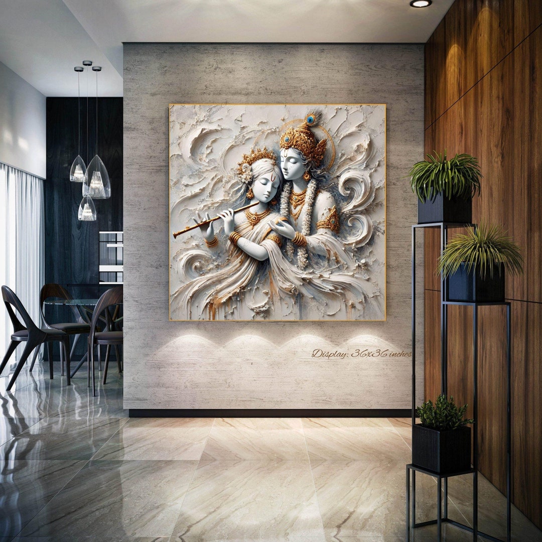 Radha Krishna 3D Painting White Gold, Indian Spiritual Art ...
