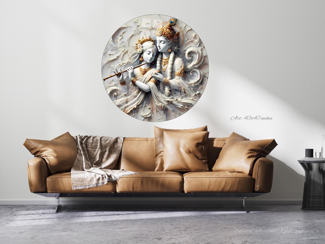 Radha Krishna 3D Glass Art White Gold, Indian Spiritual Art, Round ...