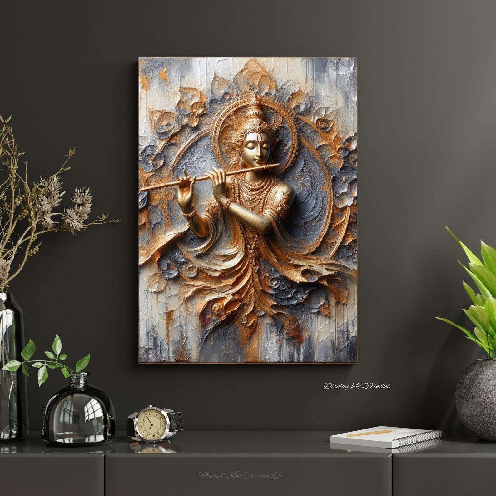 Indian Spiritual Art, Krishna Gopal Flute, Housewarming Gift, 3D Modern ...