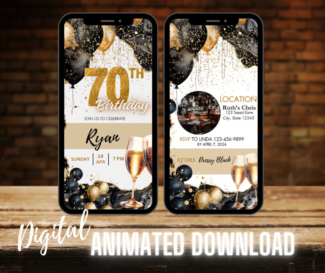 Digital 70th Birthday Invitation, 70th Glam Invite, Black and Gold ...