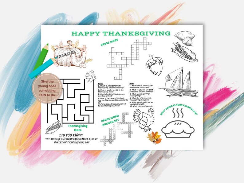 New Kids Printable Thanksgiving Activity Placemat: Fun Coloring and ...