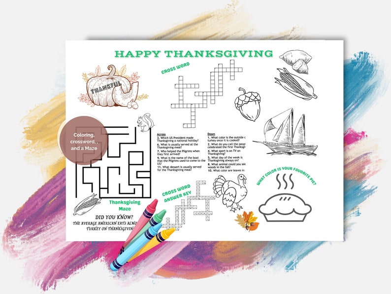 New Kids Printable Thanksgiving Activity Placemat: Fun Coloring and ...