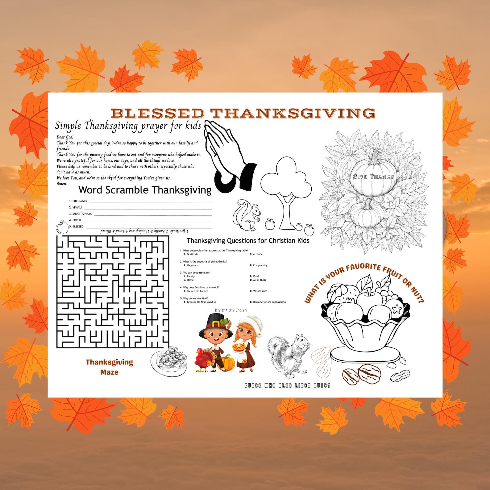 Christian Thanksgiving Activity Placemat for Kids (digital Download) - Etsy