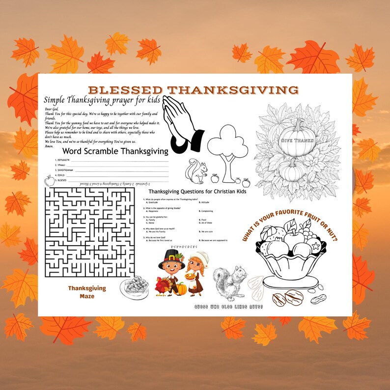 CHRISTIAN Thanksgiving Printable for Kids. Activity Placesetting With ...