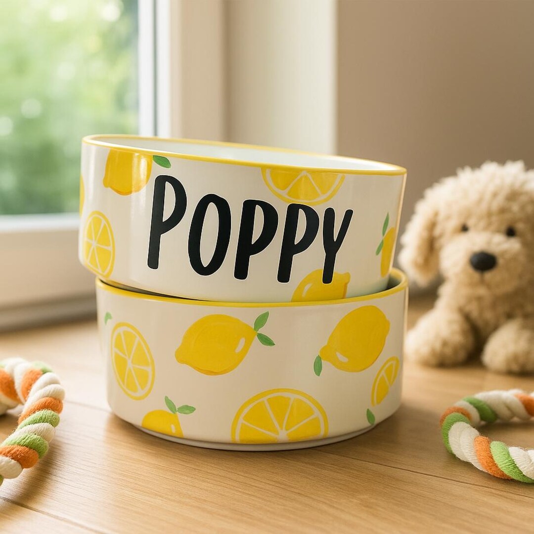 Lemon Dog Bowl Set • Personalized Hand Painted Ceramic Dog Bowls ...