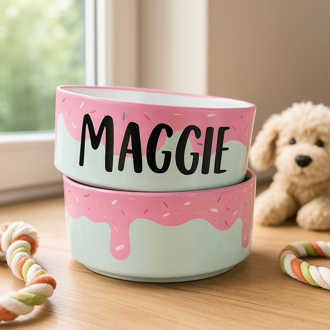 Personalized Donut Pet Bowl Set: Hand-painted Ceramic Food & Water Dish ...
