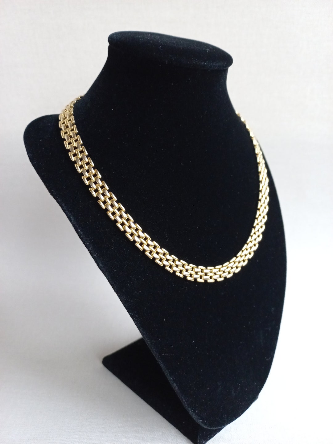 Vintage Flat Graduated Brick Chain Necklace, Gold-tone Choker 80s ...