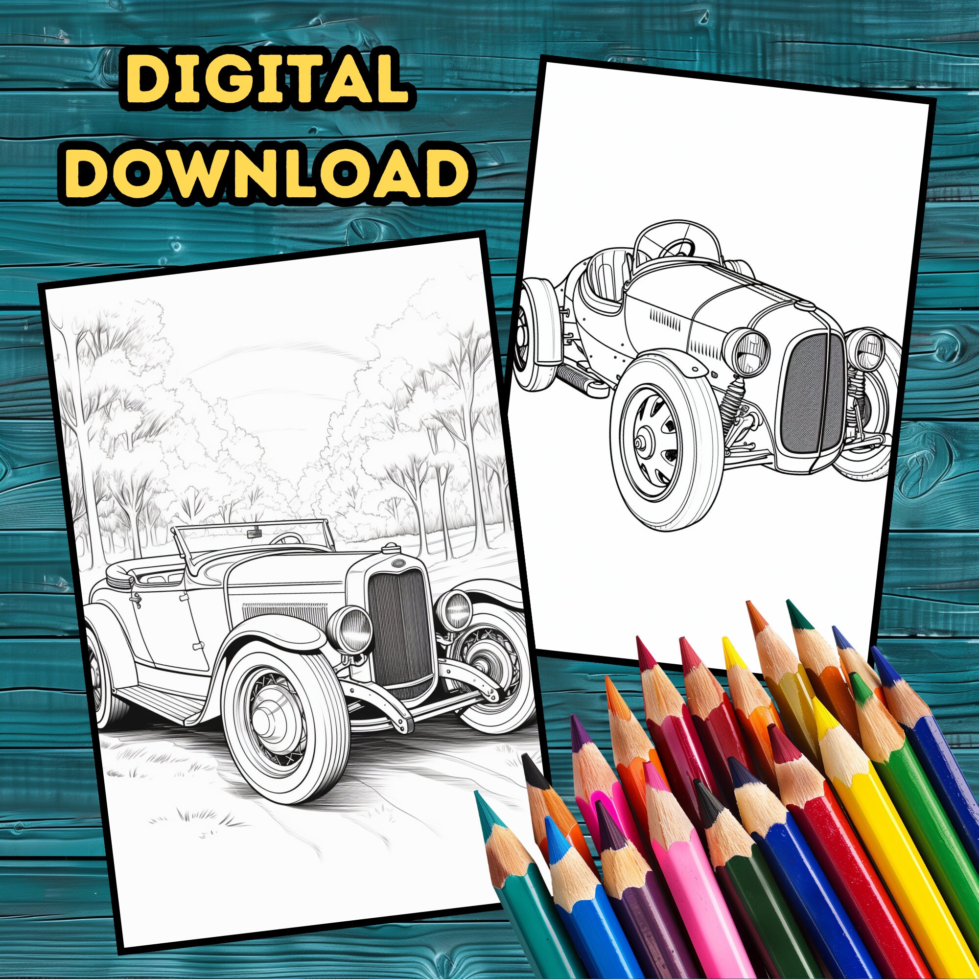 47 Vintage Cars Coloring Book - Classic Cars Adult Coloring Book, Retro ...