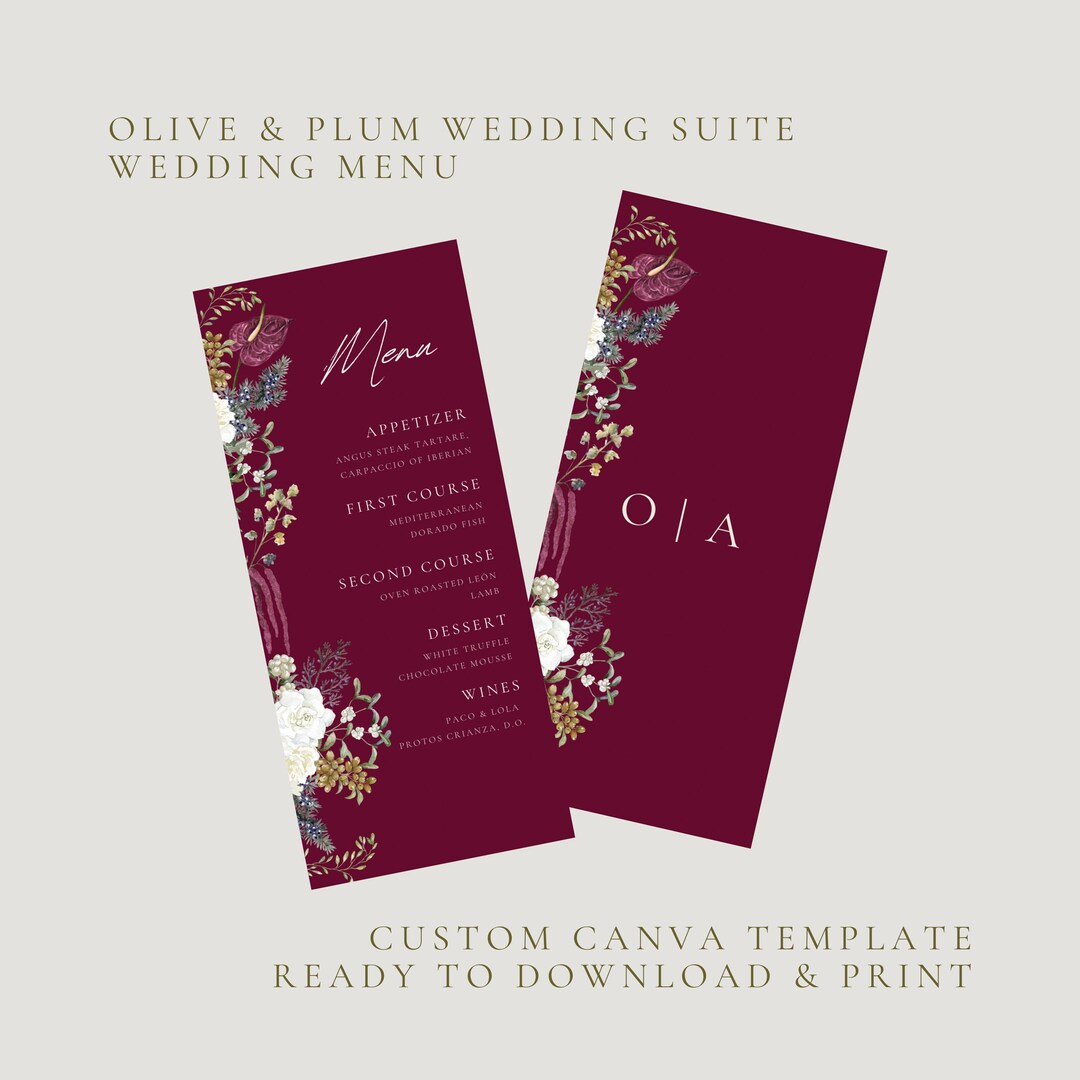 Olive & Plum Wedding Menu Canva Template | Romantic Olive Green and ...