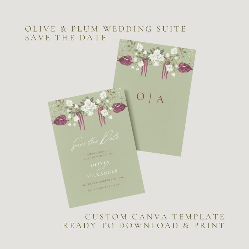 Olive & Plum Save the Date Canva Template | Romantic Olive Green and ...