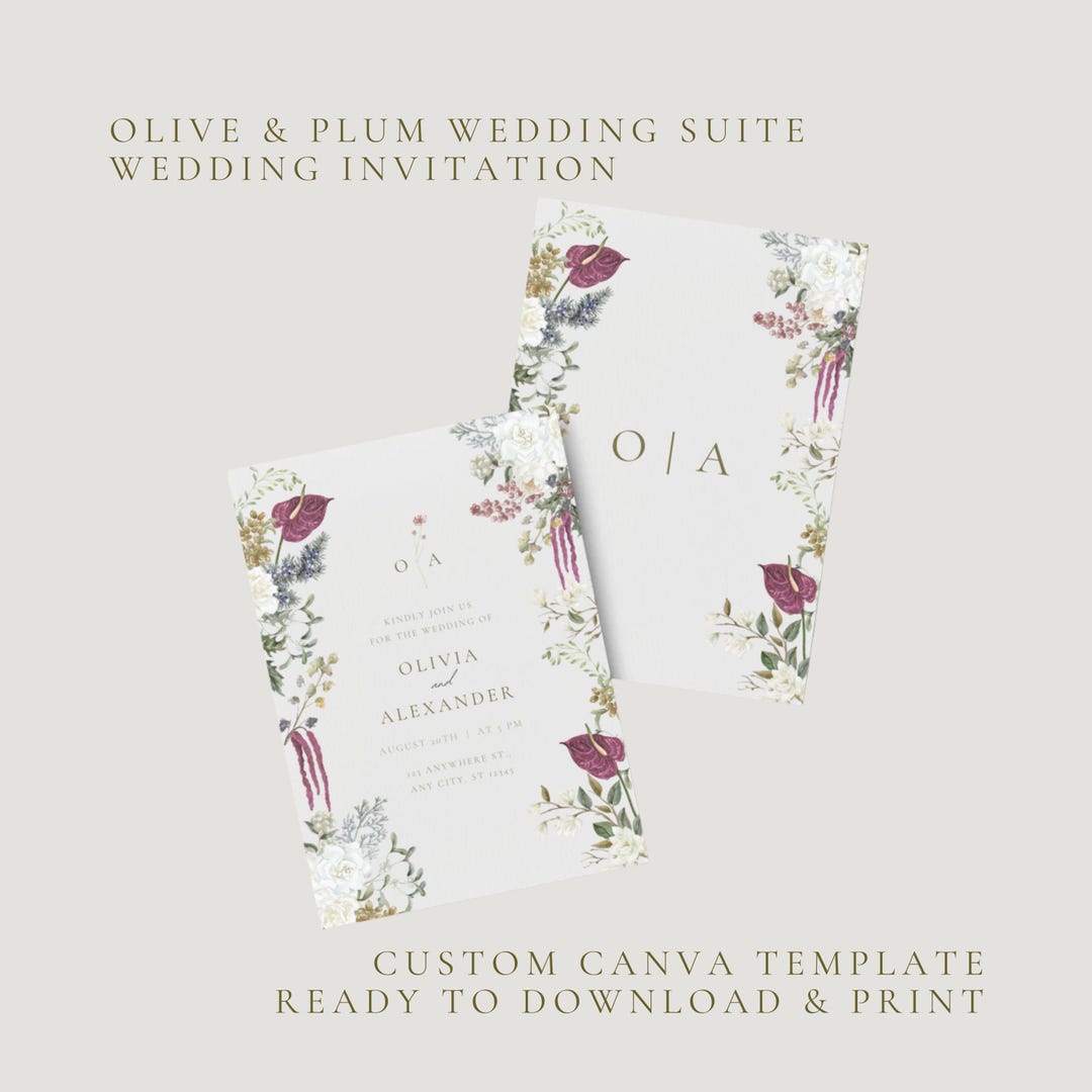 Olive & Plum Wedding Invitation Canva Template | Romantic Olive Green ...