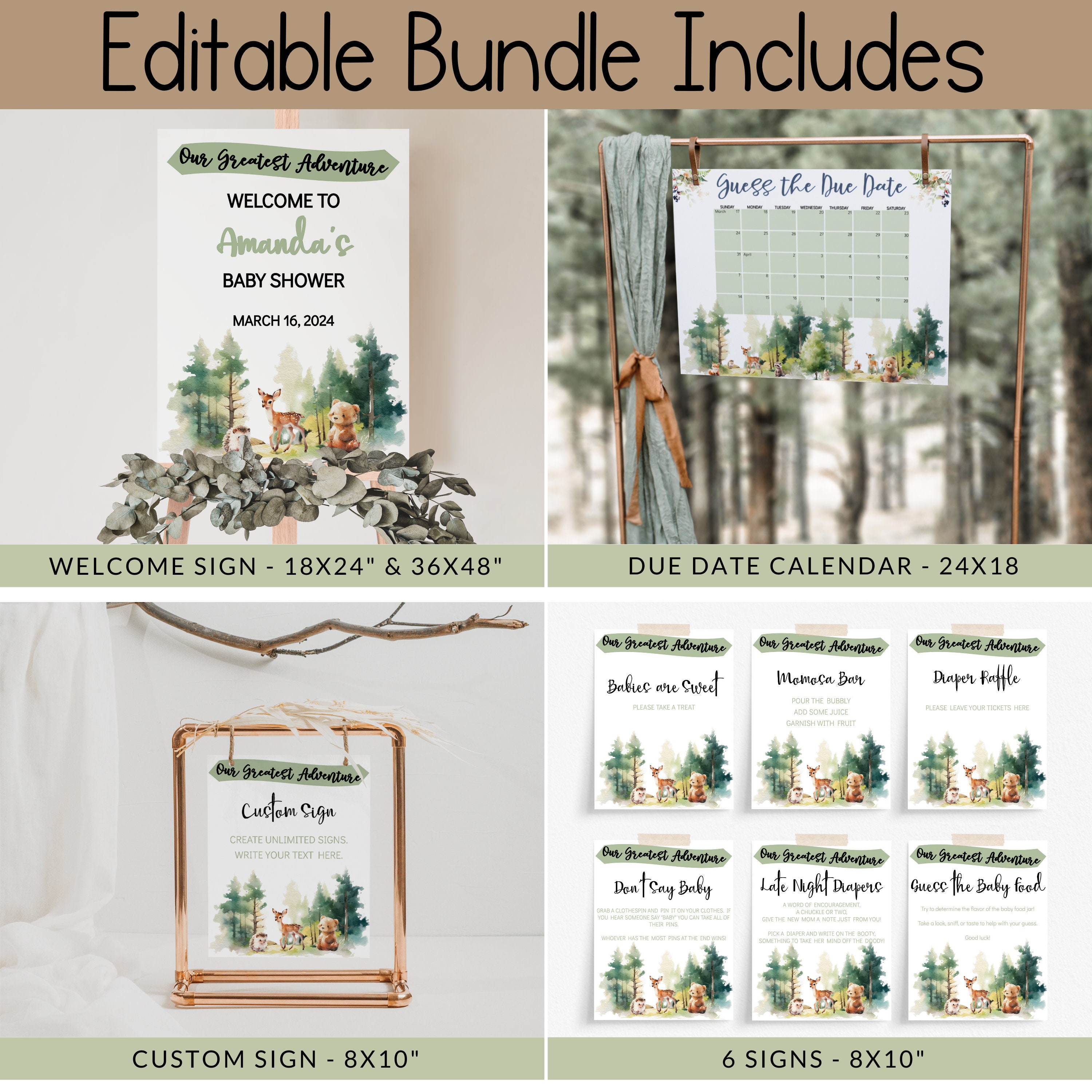 Woodland Baby Shower Bundle Editable Woodland Animal Set DIY Woodland ...